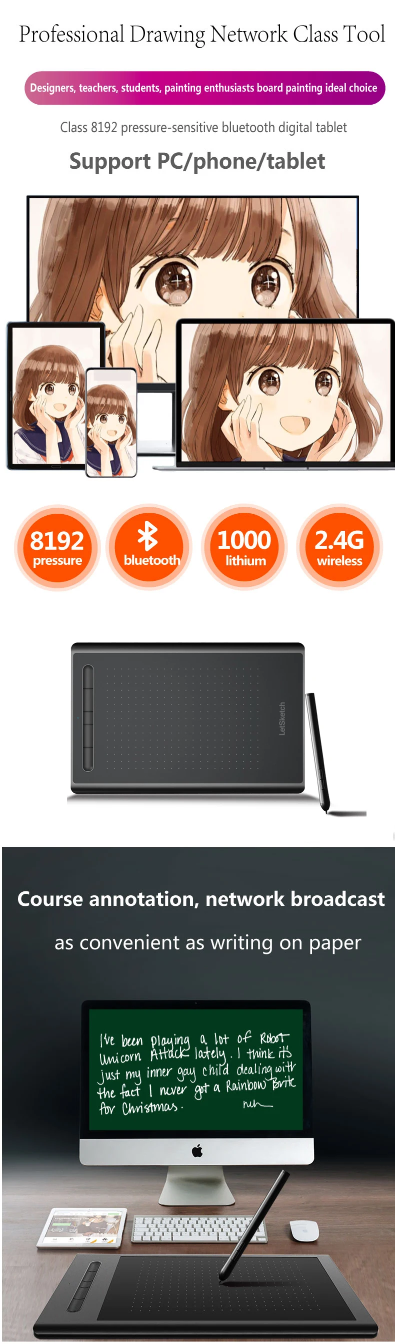 LetSketch รุ่นล่าสุด WP9625ไร้สายกราฟิกปากกาวาดภาพแท็บเล็ตที่มีแบตเตอรี่ฟรีปากกา| Alibaba.com