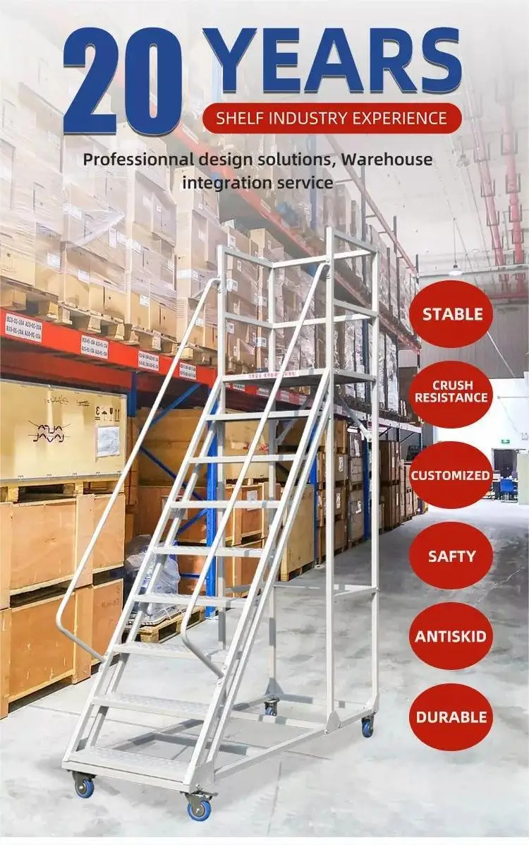 Warehouse Steel Safety Rolling Mobile Platform Ladder