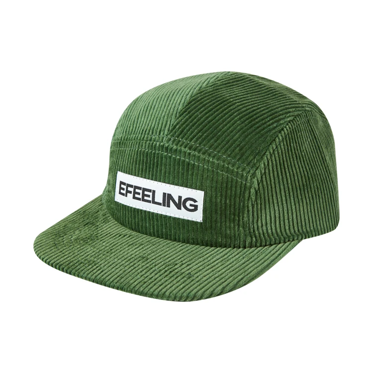 Custom Green Private Woven Label Vintage Corduroy 5 Panel Hat