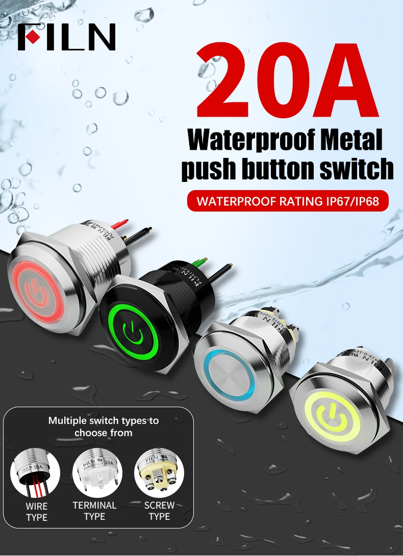 20a High Current 19mm Illuminated Stainless Steel Metal Button Switches 12v Domed Head Push ...