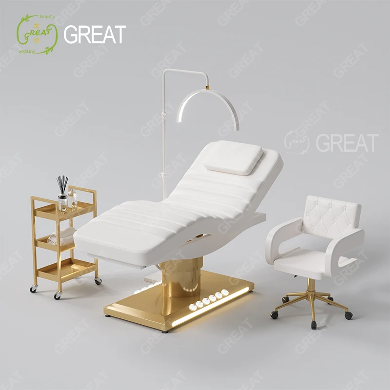 Modern White Gold Beauty Salon Furniture - Electric Facial Bed