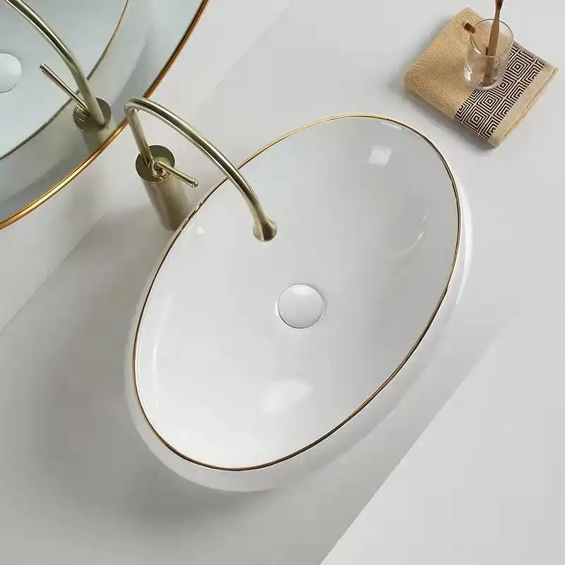 Elegant Wash Basin With Golden Color Line High-end Hotel Bathroom Wc ...