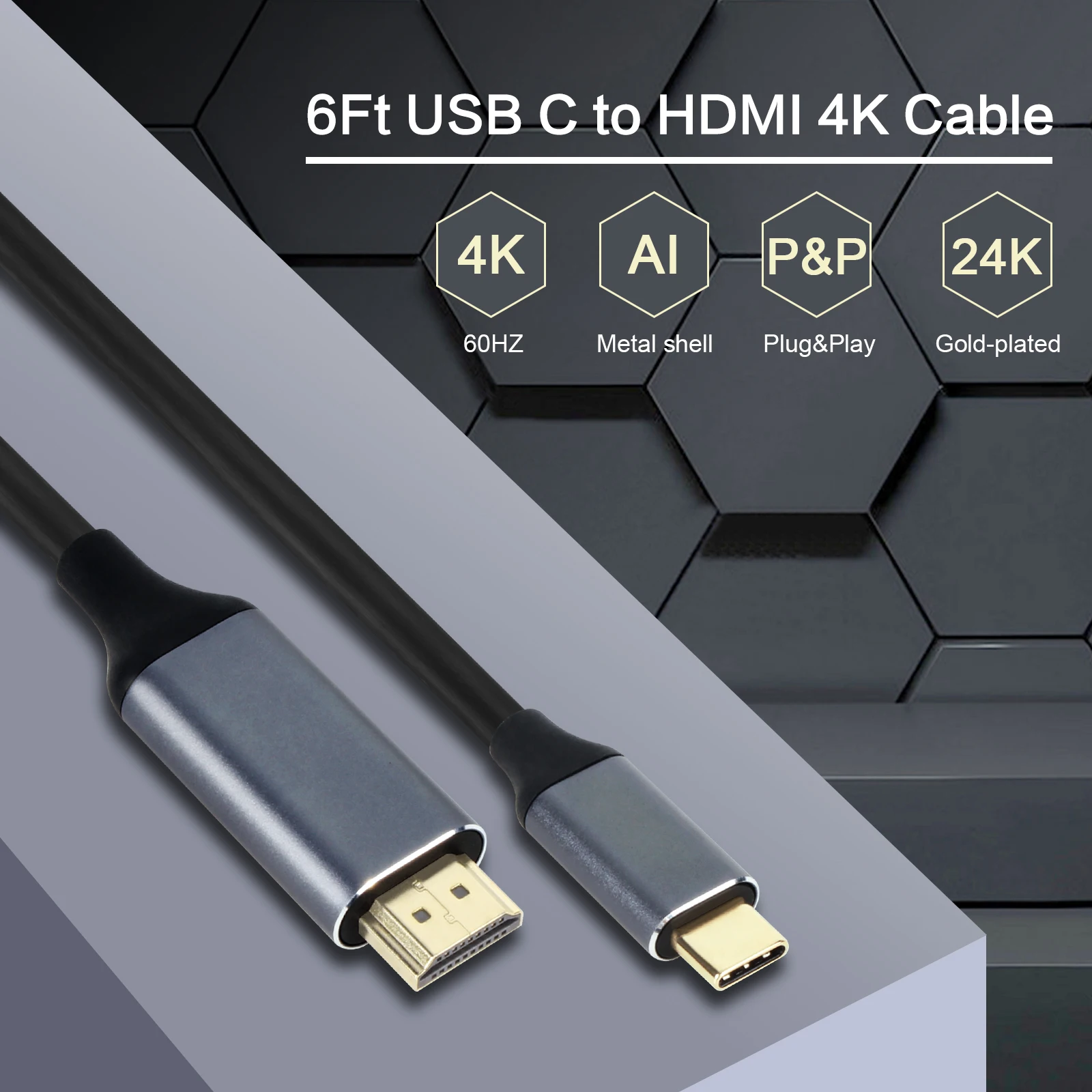 VCOM Aluminum 1.8m 4K USB C to HDMI Computer Video Cable Male to Male ...