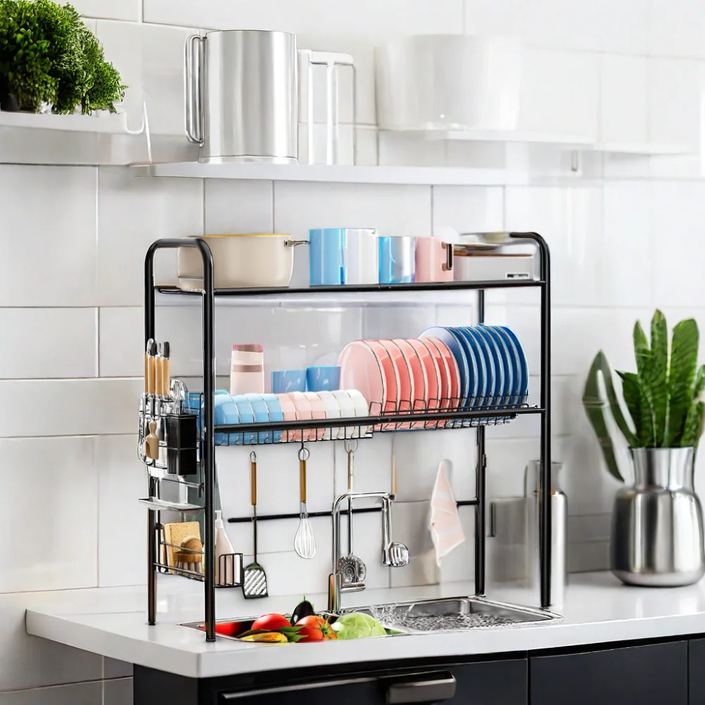 2-tier Large Sink Dish Rack Utensil Holder Auto Drainage Kitchen ...