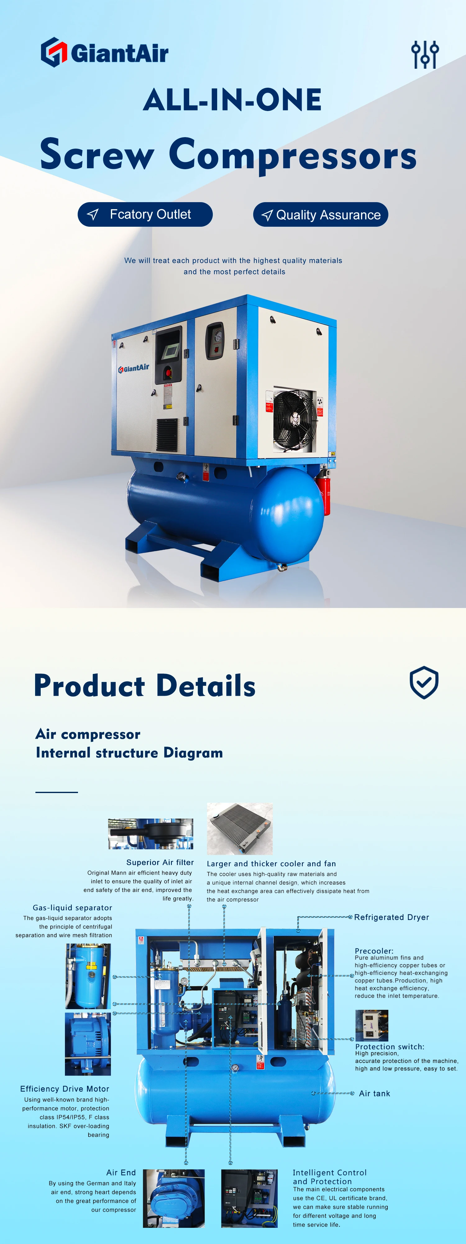 Giantair Rotary Screw Air Compressor 300 500 Lilter Air Tank Dryer All ...