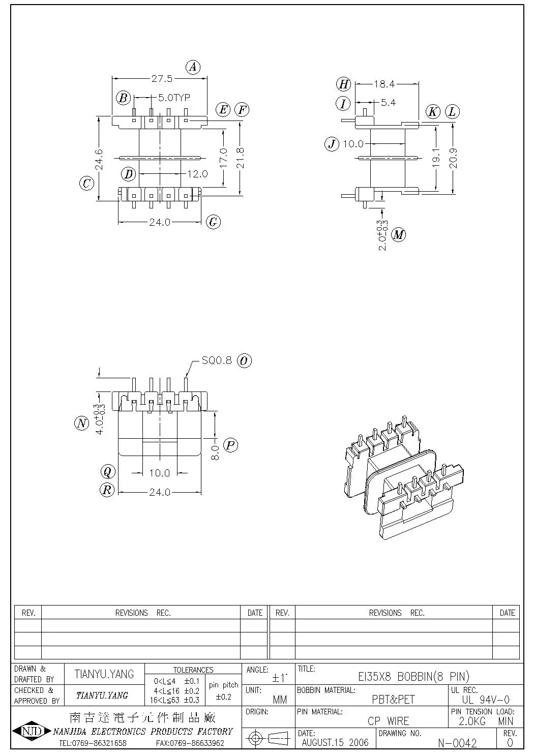 Transformer bobbin EI35x8 4+4pin 21.8mm pitch 2sec plastic coil former ...