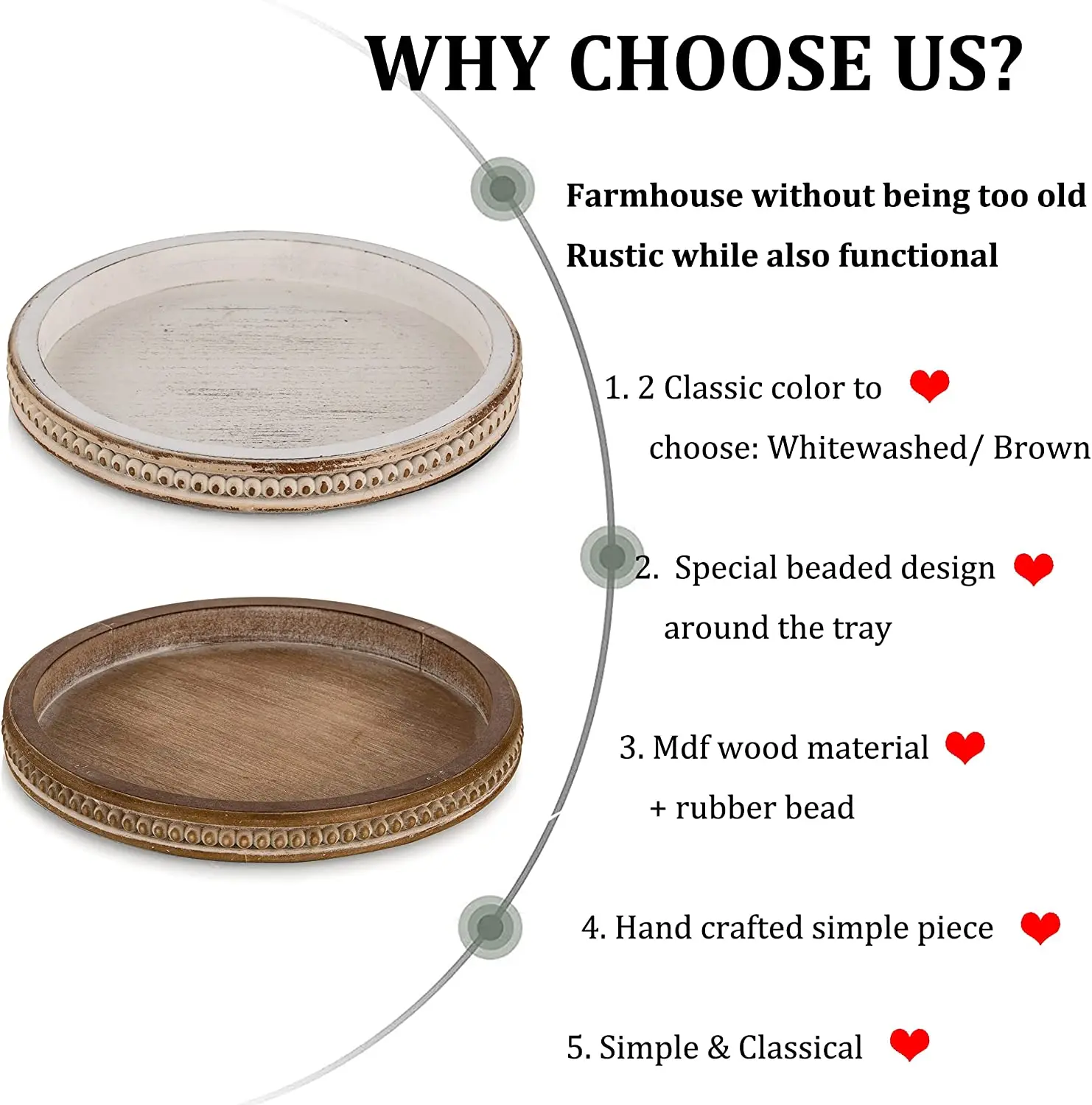 Wood Decorative Tray Round White Washed Bead Tray For Coffee Table ...