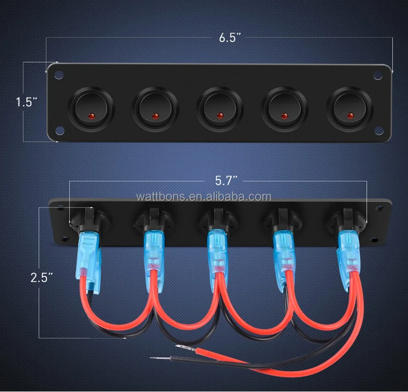 5 Gang Round Rocker Switch Panel LED Light 12V 24V 3 PIN