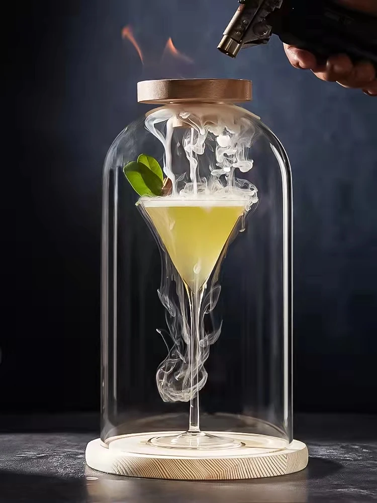 Portable Smoking Cloche for Martini Glasses with Wood Base