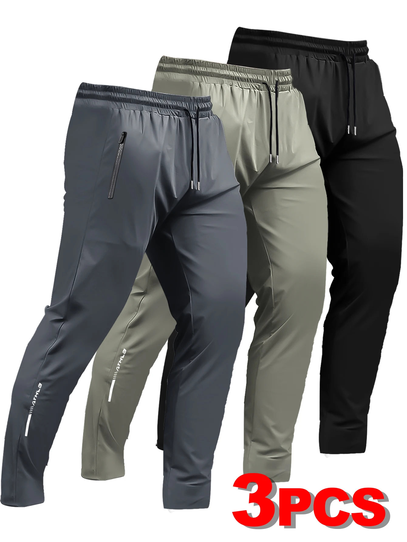 3 Pack Mens Athletic Pants with Zippers - Lightweight & Quick Dry