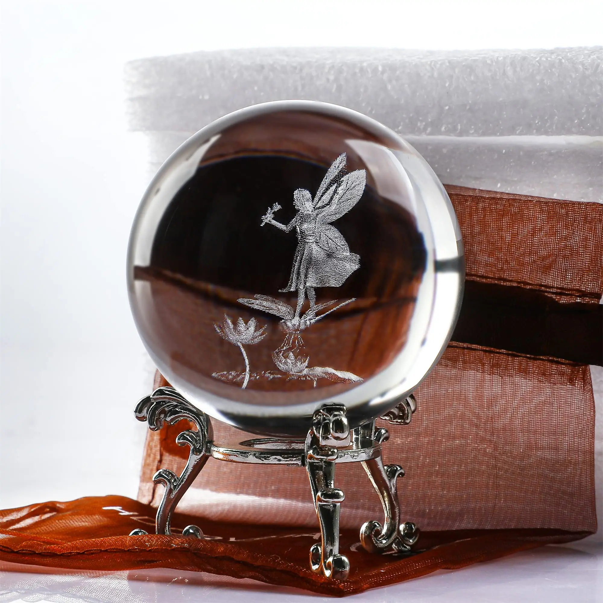 2.3in 3d Laser Fairy With Dragonfly And Lotus Figurines Crystal Ball ...