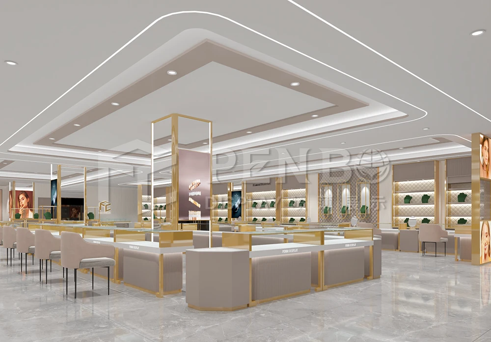 Customized Luxury White & Gold Jewelry Display Cabinet LED Handbag ...