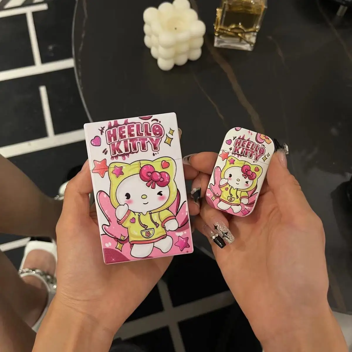 Cartoon Kuromi Hello Kitty Cigarette Case And Lighter Set Windproof Gas ...