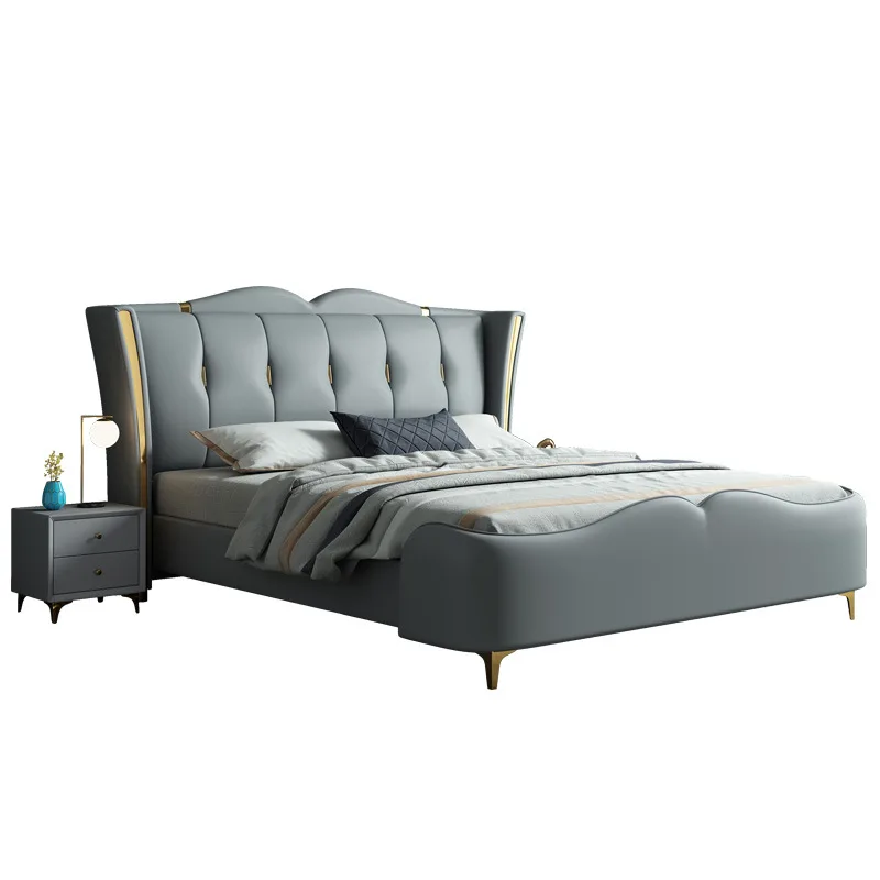 Luxury Leather Wooden Box Bed Modern Queen Double Bed Set with ...