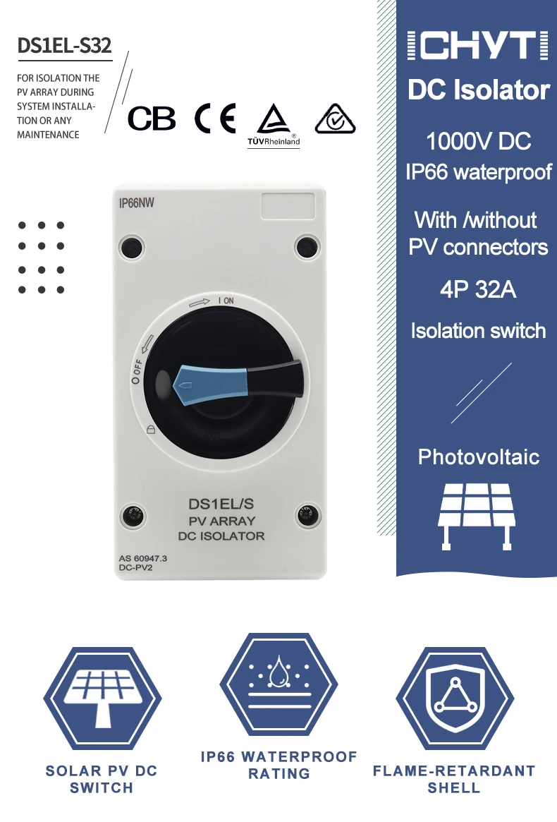 4P 32A PV DC IP66 Solar Rotating Handle Rotary Waterproof Isolator Switch with TUV CE SAA RCM