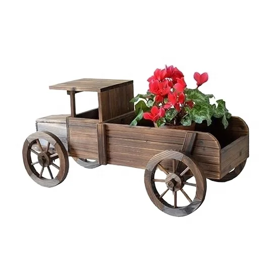 Outdoor Garden Wooden Flower Planter Truck Flame Burnt Brown Color ...