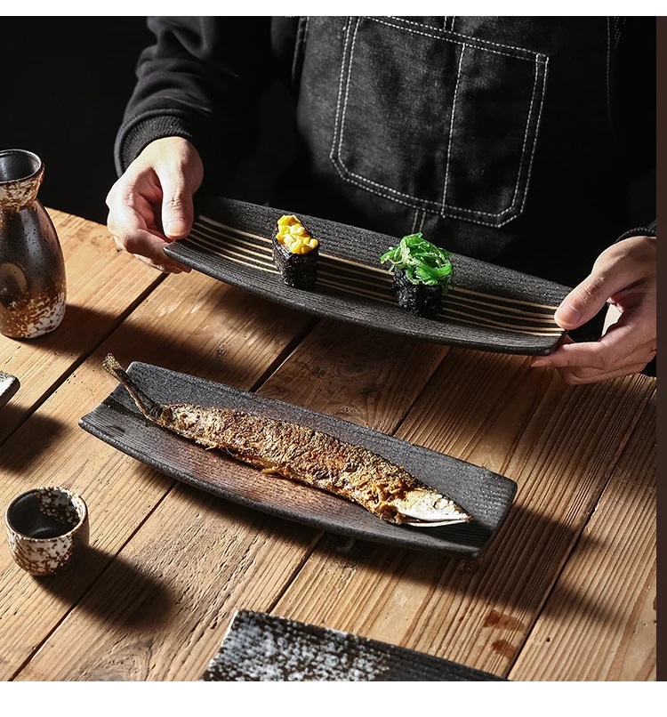 Japan Rectangular Sushi Fish Retro Plate Ceramic Tableware Serving Food ...