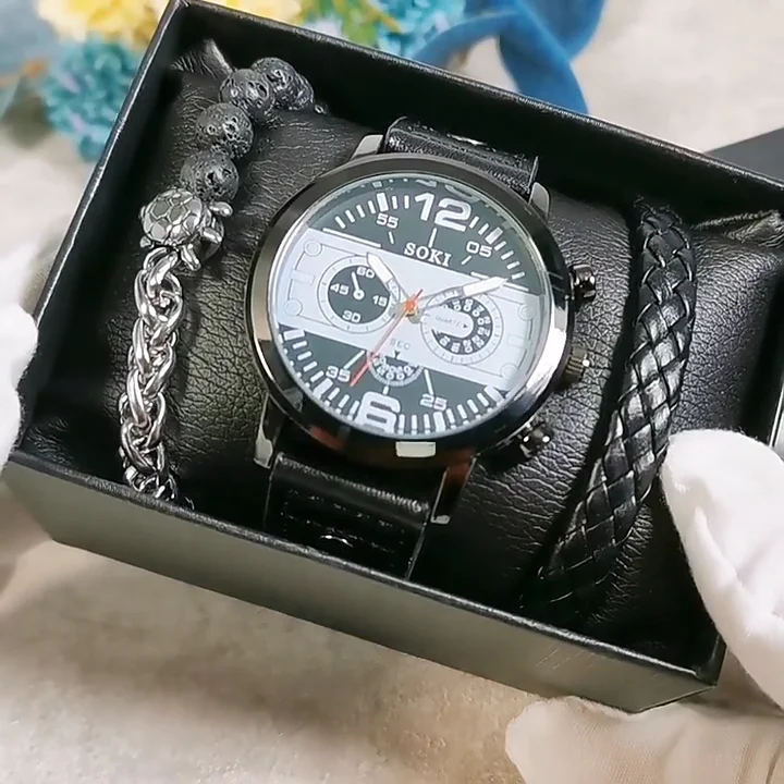 Luxury Customized Watch For Men Bracelet Set Quartz Wristwatches Black ...