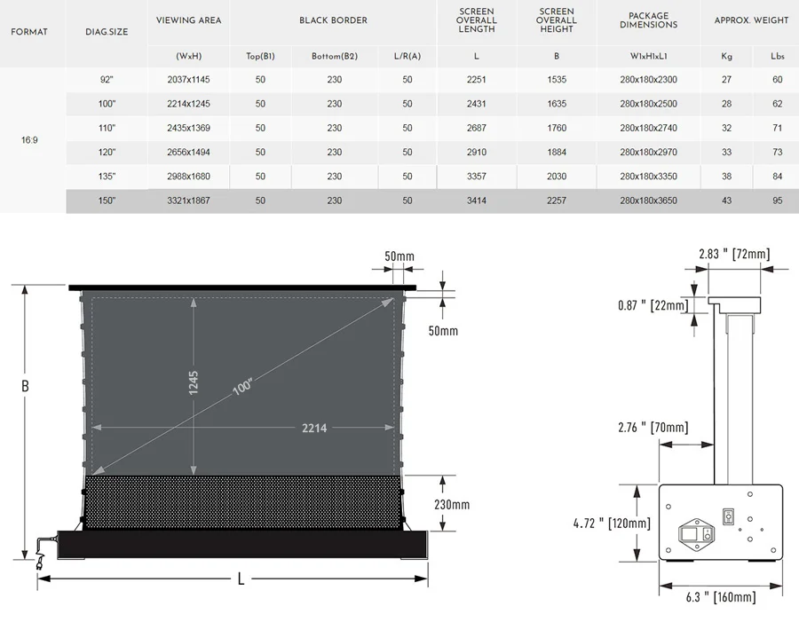Screen Pro 100 Inch Electric Tension Floor Screen For Ust Alr Laser ...