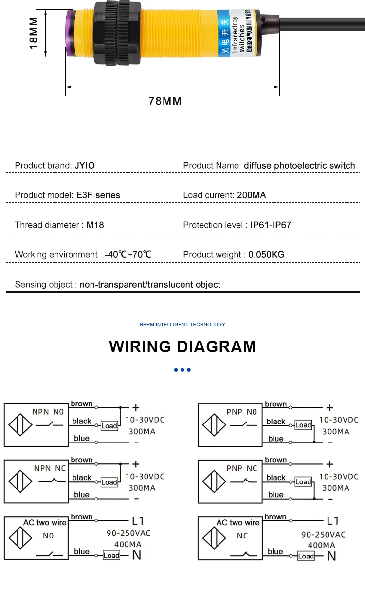 Infrared Induction Photoelectric Switch E3f-DS30C4 Three Wire NPN Normally Open Diffuse ...