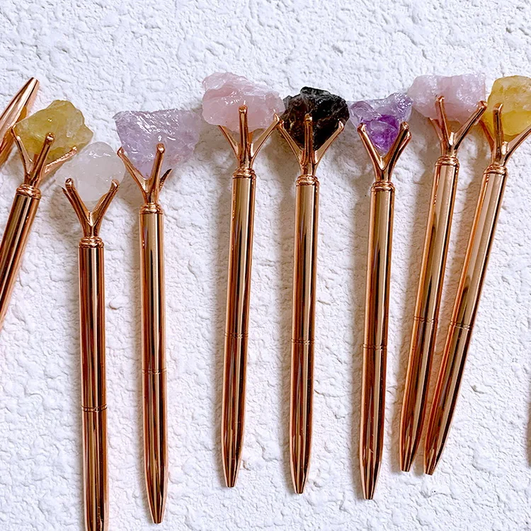 Wholesale High Quality Natural Raw Crystal Pens - Amethyst & Rose Gold