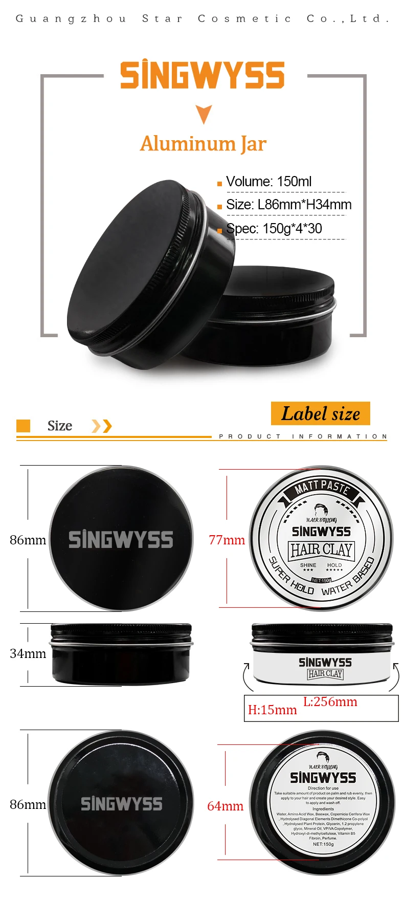 150 Gram Black Aluminum Tins Barber Star Pomade Make Your Brand Natural ...