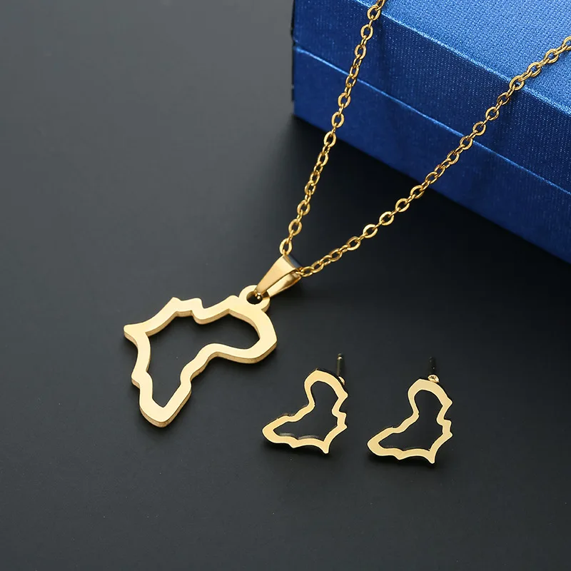 Stainless Steel Africa Map Pendant Necklace Earrings Jewelry Set for Women Girl Ethiopian ...