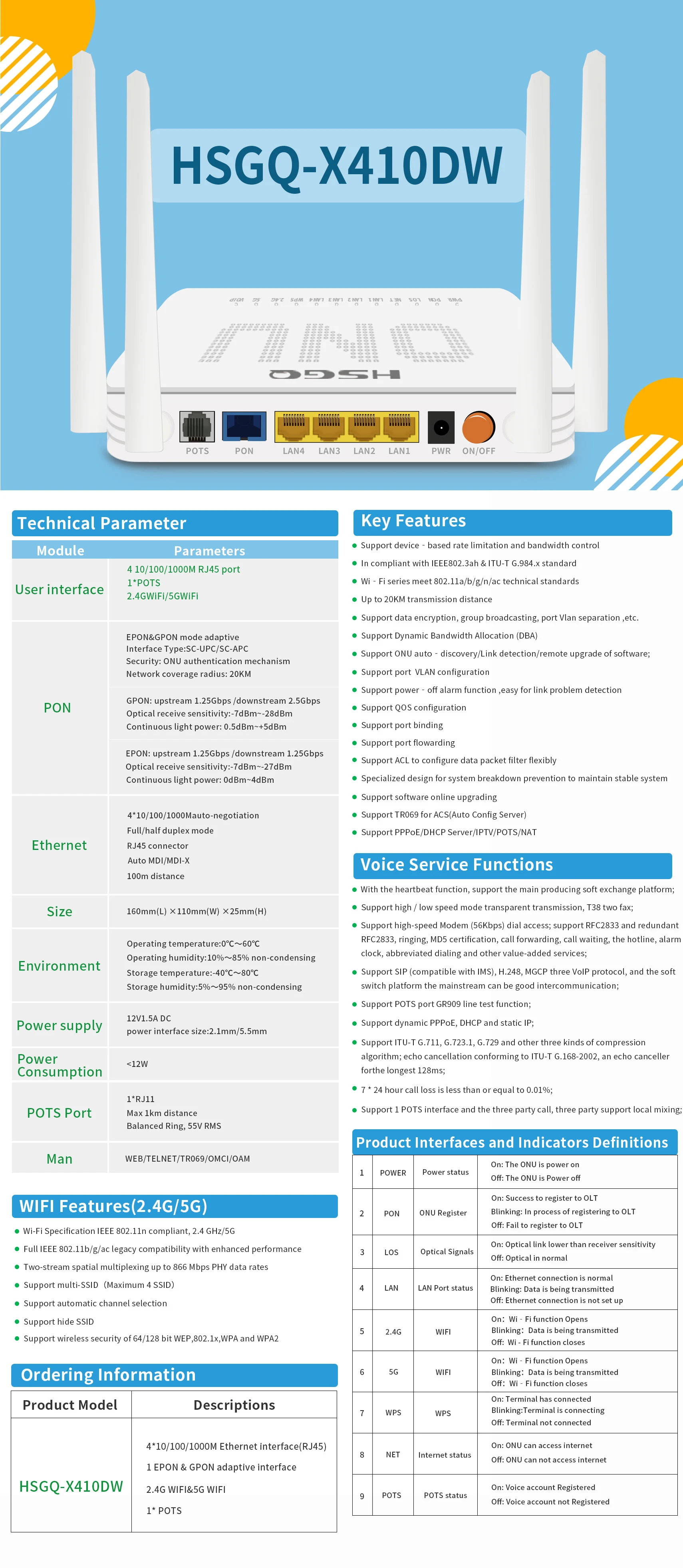 Hsgq-x410dw New Model 4ge+1voip+ Dual Wifi Epon Gpon Gepon Xpon Onu Ont ...