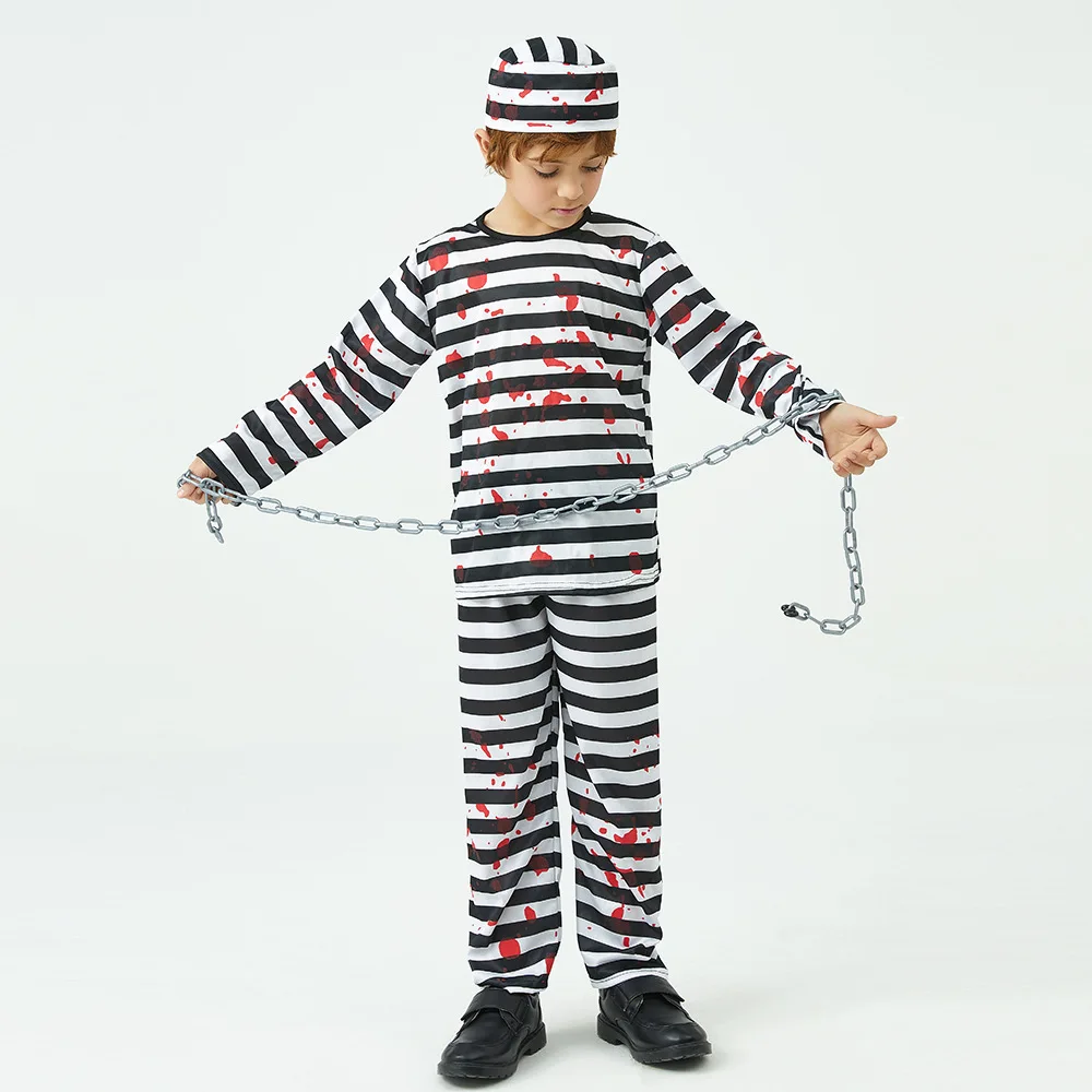 Kid Striped Prison Uniform Prisoner Costume Jail Convict Children ...