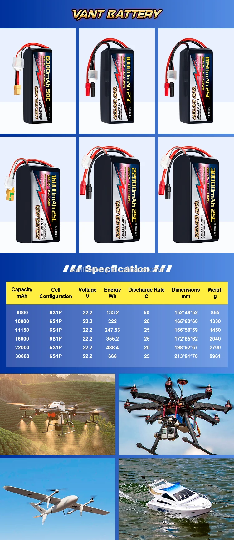 VANT 6S UAV Drone Rechargeable Lipo Battery 30000MAH 25C 22.2V for ...