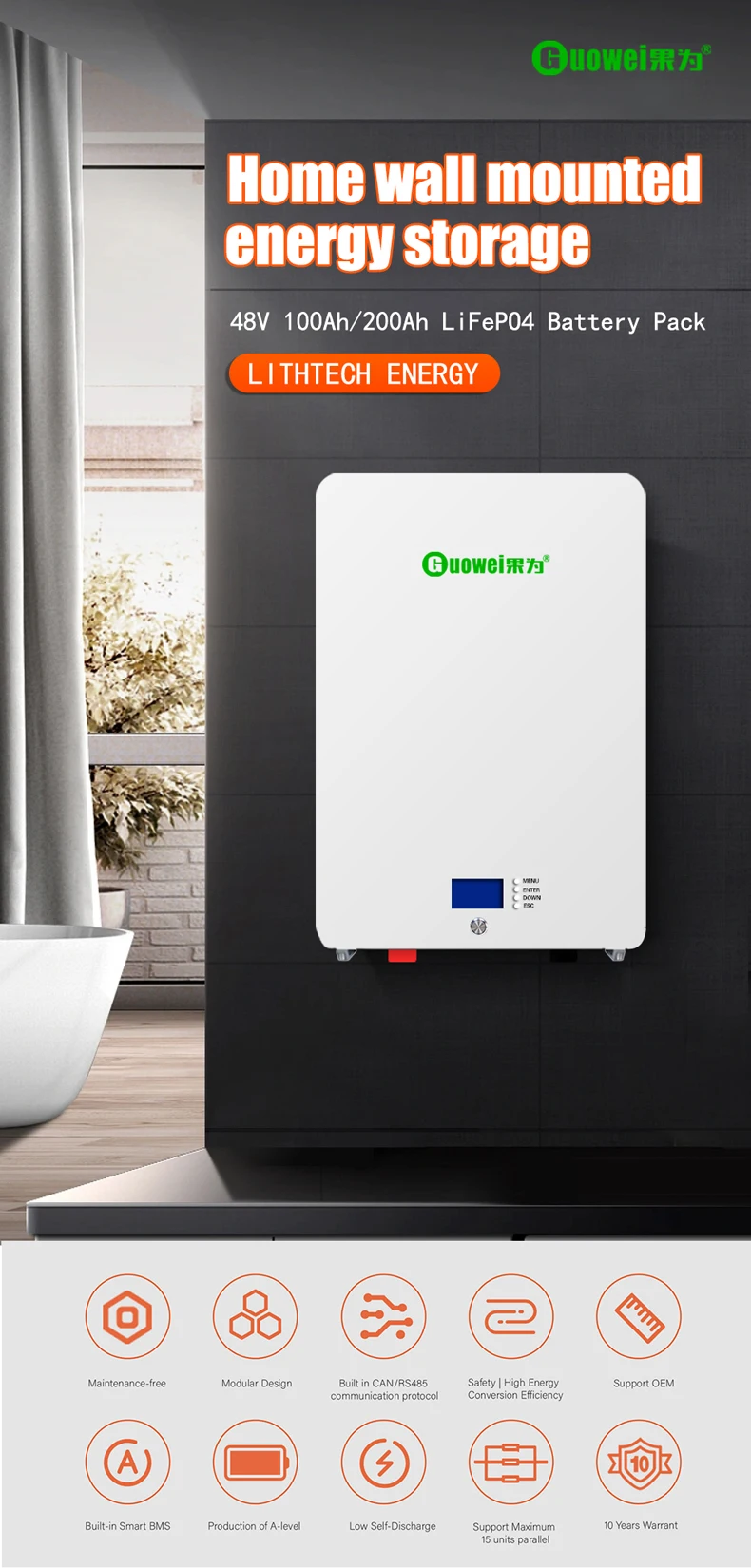 Wall-mounted Battery Energy Storage System 48V 51.2V 100ah 200ah 300ah ...