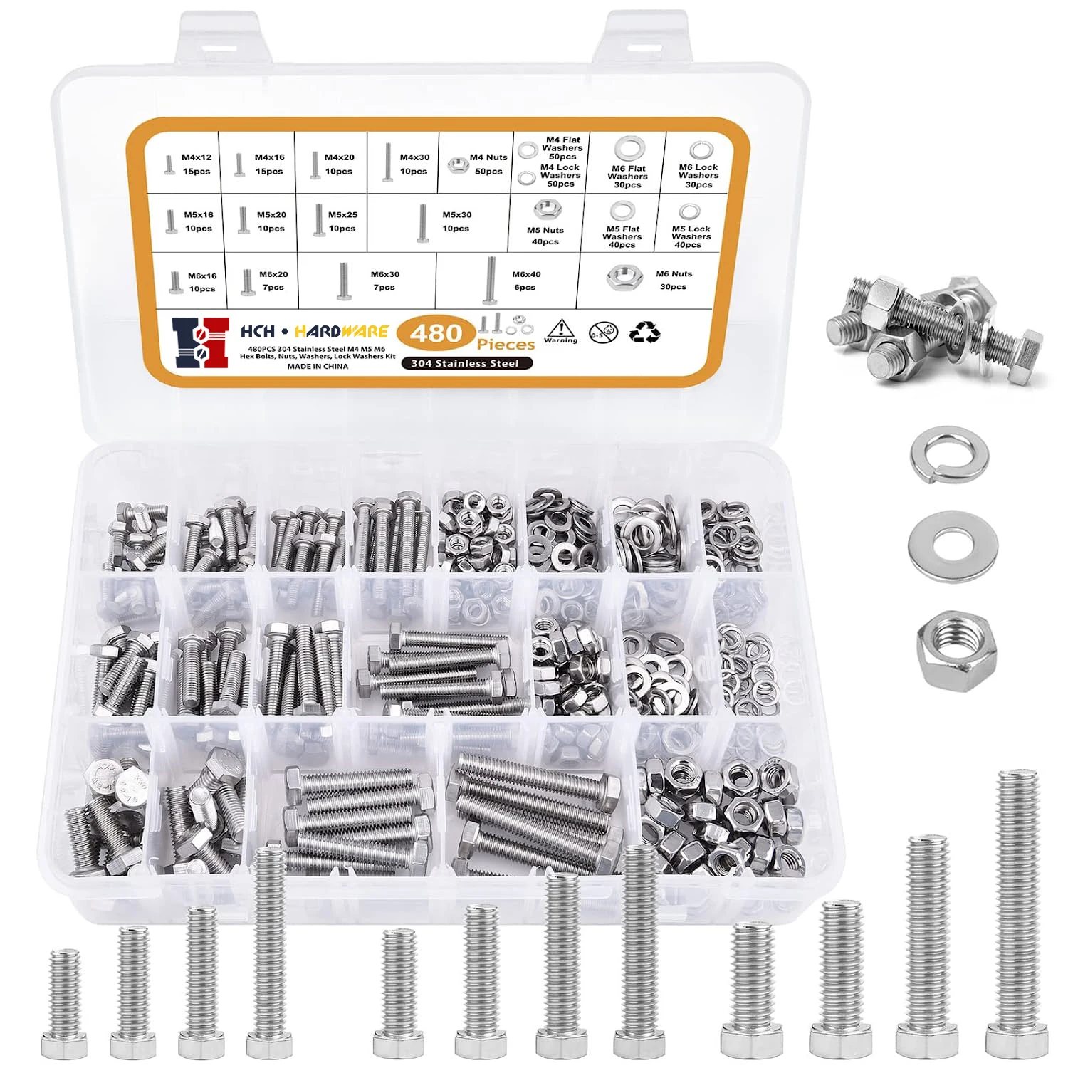 480 PCS Bolts and Nuts and Washers Fasteners Kit Metric Hex Nuts and ...