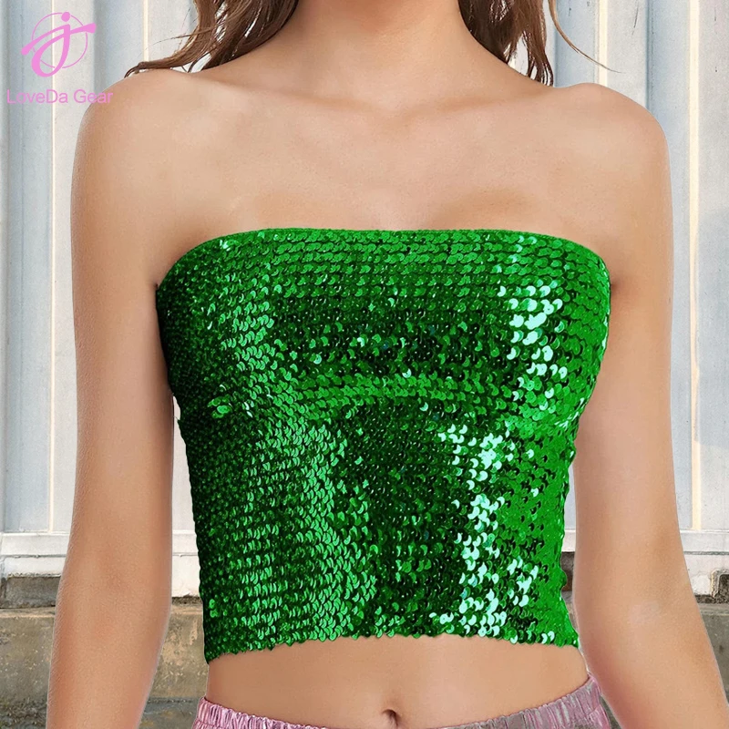 Loveda Sexy Womens Sparkly Sequin Crop Tops Strapless Metallic Tube ...