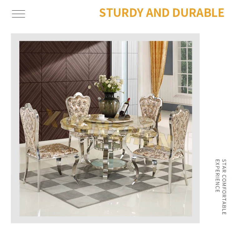 Modern Round Marble Dining Table Set for 6 - Stainless Steel & Gold ...