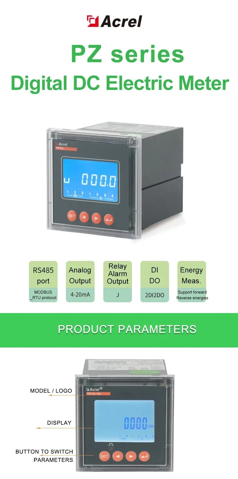 Acrel Panel Mounted 3 Phase Energy Meter With Rs485 Modbus-rtu Option For Huawei Solar Inverter ...