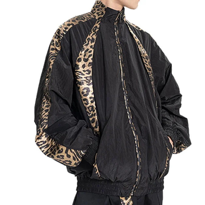 Leopard Printed Blocking Zipper Windbreaker Jacket Garment Outdoor Coat ...