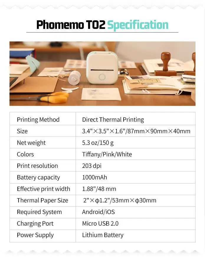 Phomemo T02 Mini Printer Portable Self-adhesive Wireless Inkless Free ...