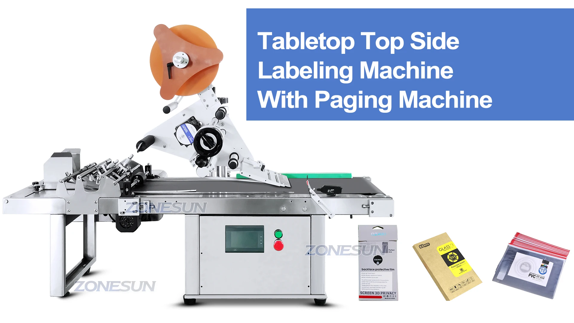 Zonesun Zs-tb502p Tabletop Sticker Automatic Flat Box Card Paper Bag Stand Up Pouch Labeling ...