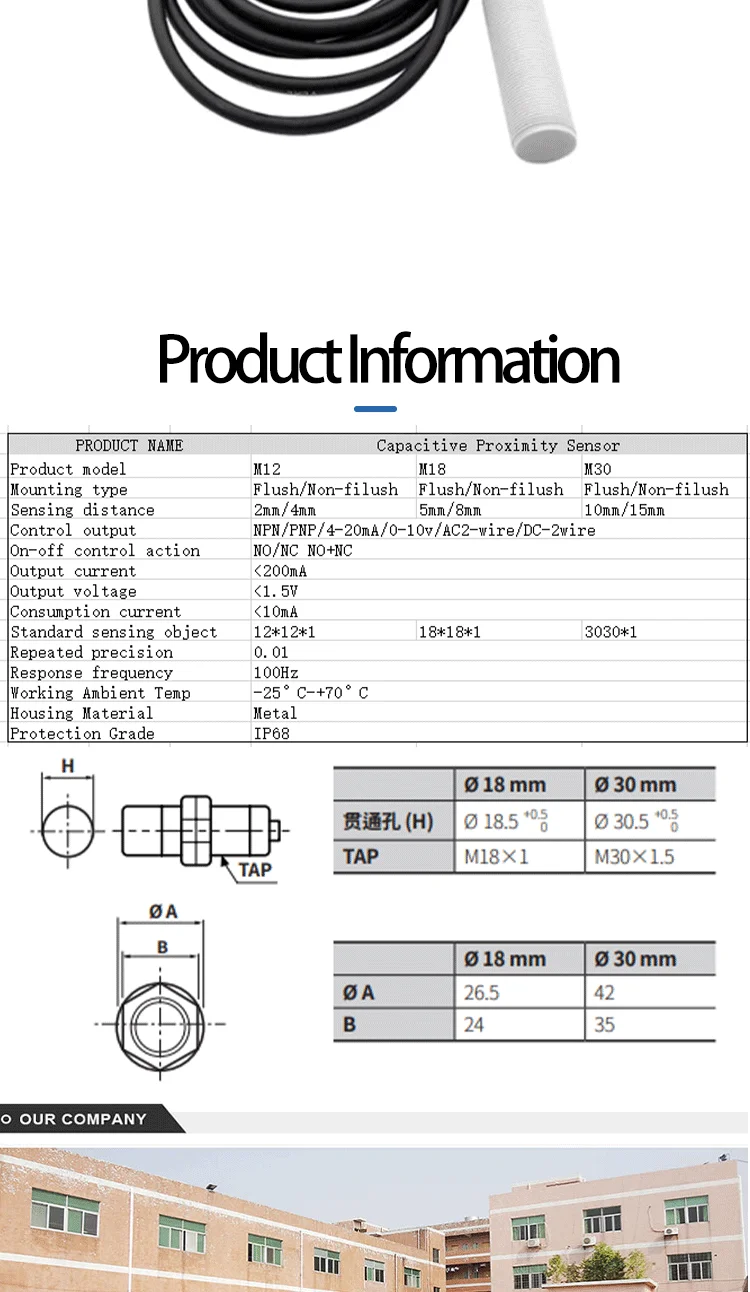 M18 Capacitive Liquid Level Sensor Detection Distance 8mm Ac 2-wire Nc ...