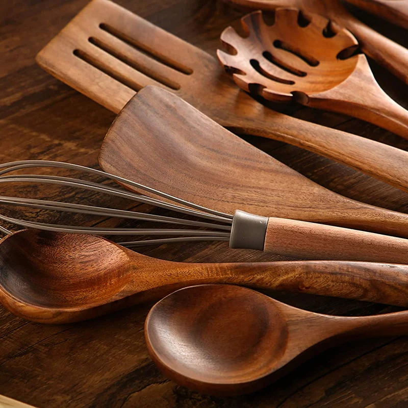 Non-stick Comfort Grip Kitchen Utensils Set Natural Teak Wood Spoons ...