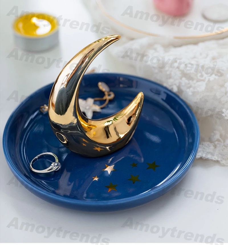 Celestial Ceramic Trinket Dishes - Moon Shaped Jewelry Holders