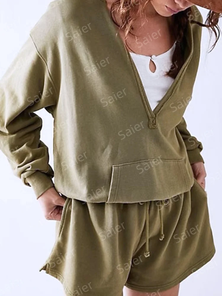 Custom Logo Sportswear Short Sweat Suits Two Piece V Neck Hoodie And ...