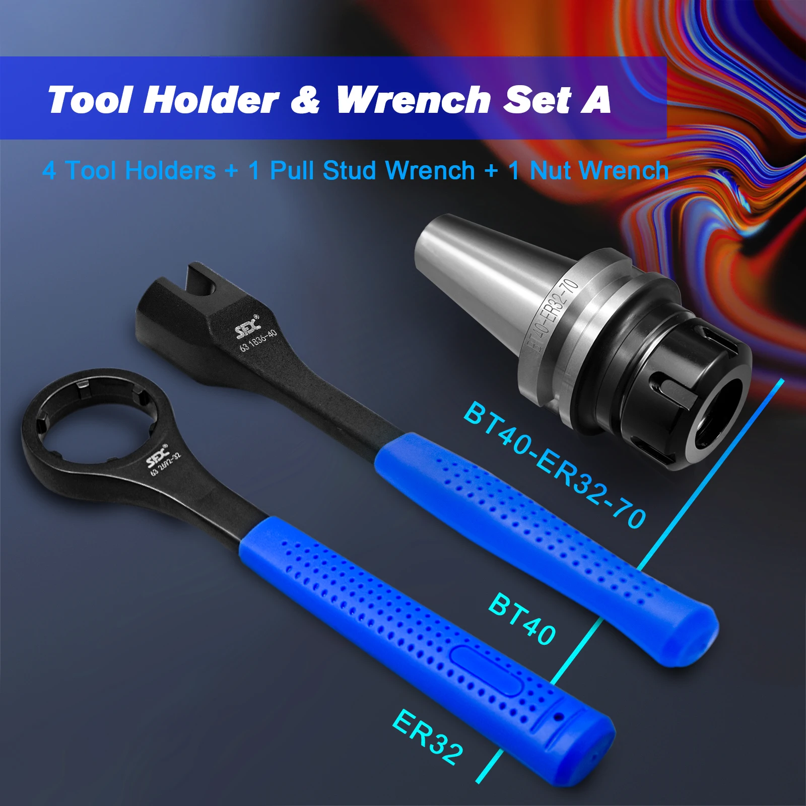 Sfx Tool Holder Wrench Set Bt40-er32-70mm Tool Holders+bt40 Pull Stud ...