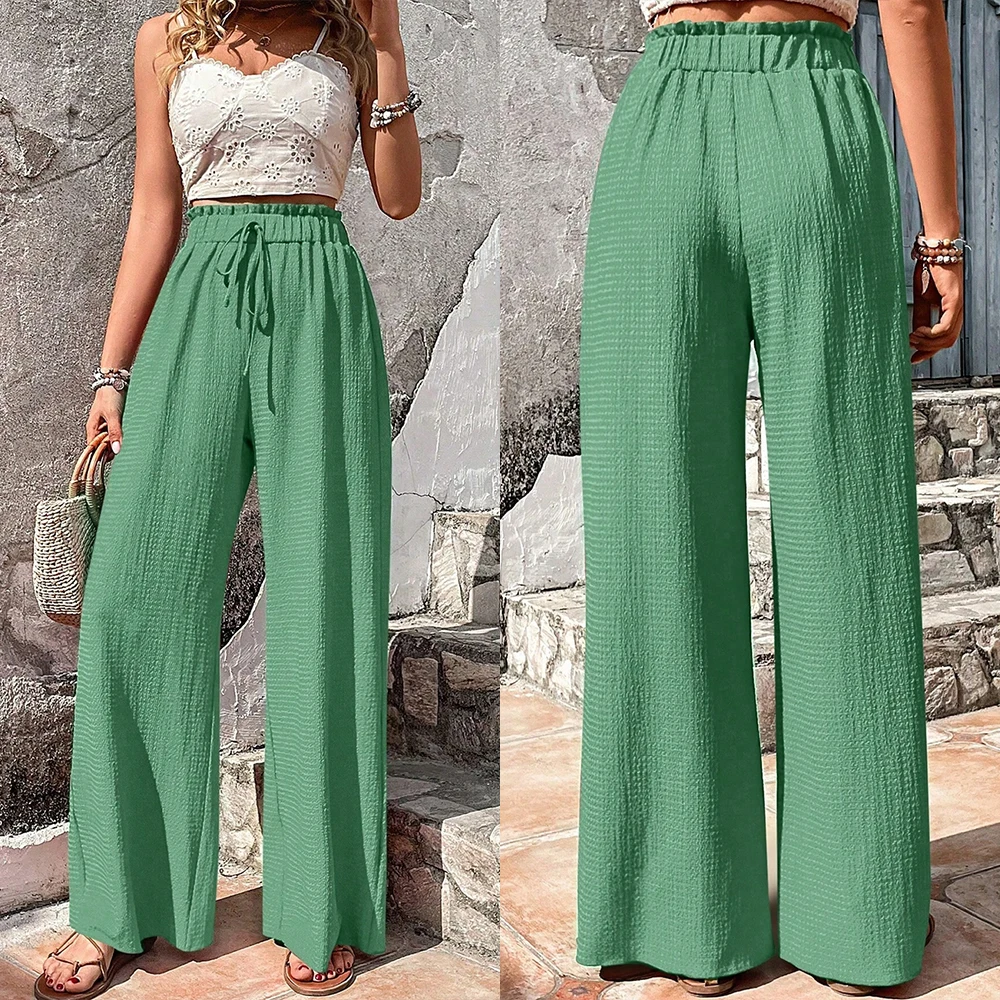 Women's Wide Leg Trousers High Elastic Waisted Bubble Plaid Wide Bottom ...