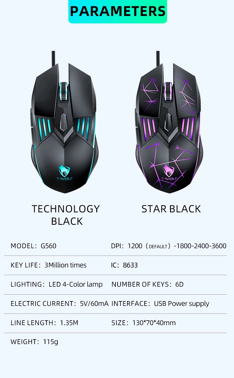 T-WOLF G560 6D 유선 RGB 게임용 마우스 LED 백라이트 USB 노트북/데스크탑 광학 6D 디자인 호흡 램프 마우스 ...