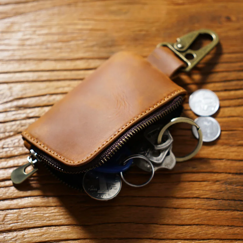 Genuine Leather Vintage Keychain Zip Holder Pouch, Cowhide Organizer ...