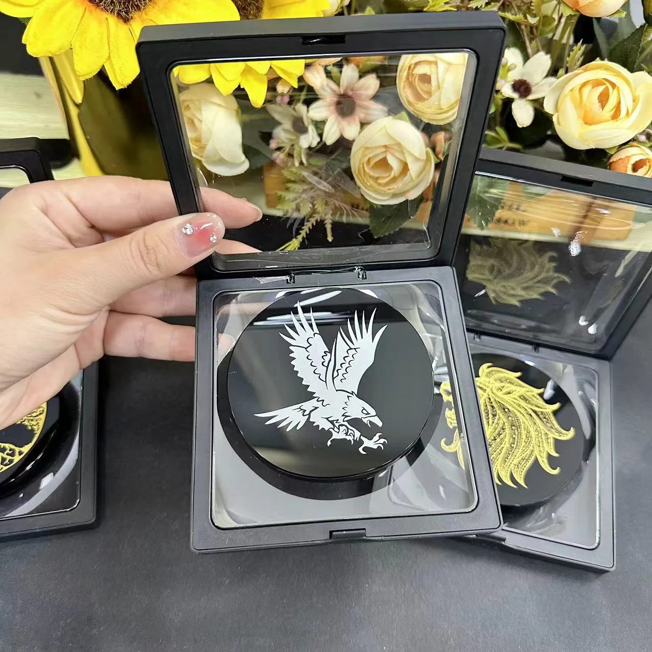 Black Obsidian Plate with Golden & Silver Prints for Healing