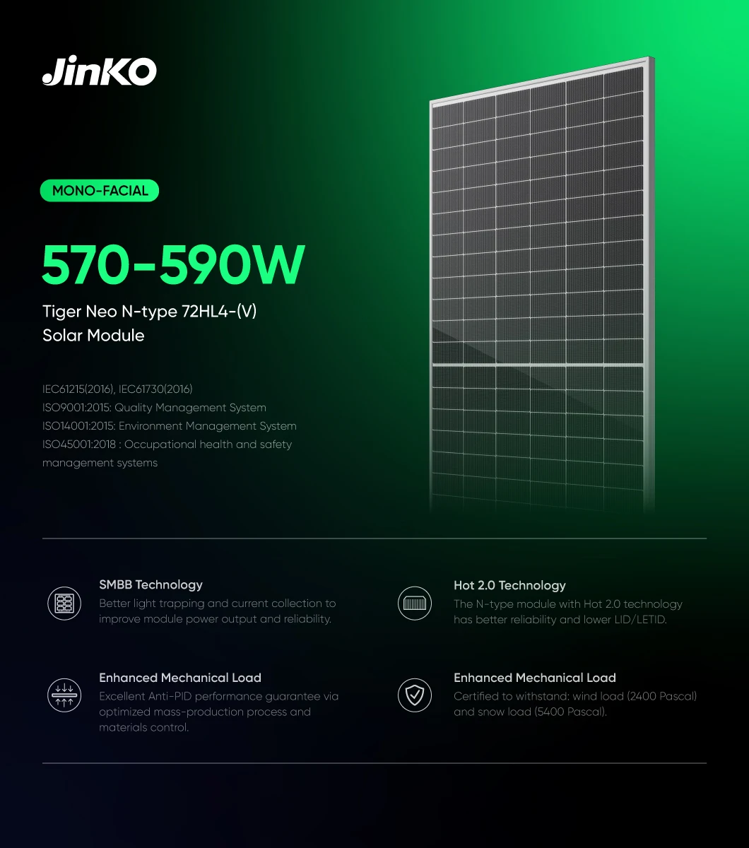 Jinko Tiger Neo Solar Panels - 580W Bifacial Monocrystalline