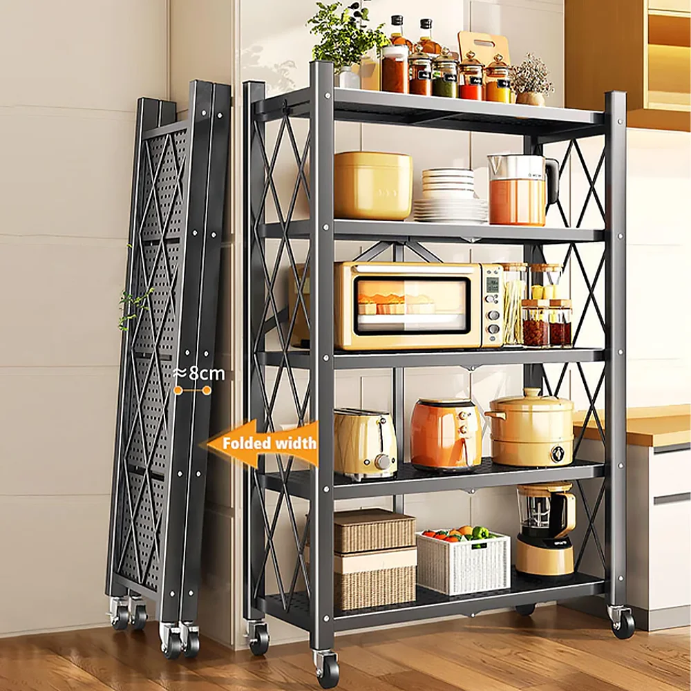 Foldable 5-Tier Metal Shelving Unit with Wheels for Kitchen