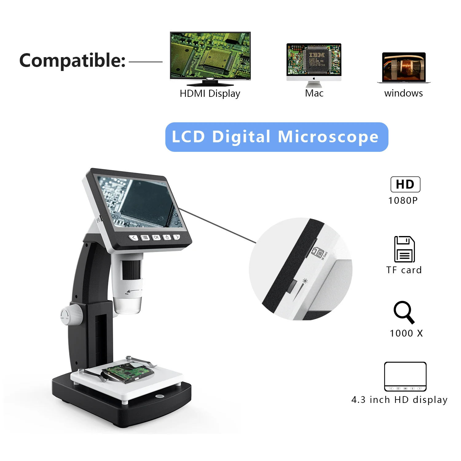1000X Digital Microscope 4.3 Inch IPS Screen Industry Microscope with ...
